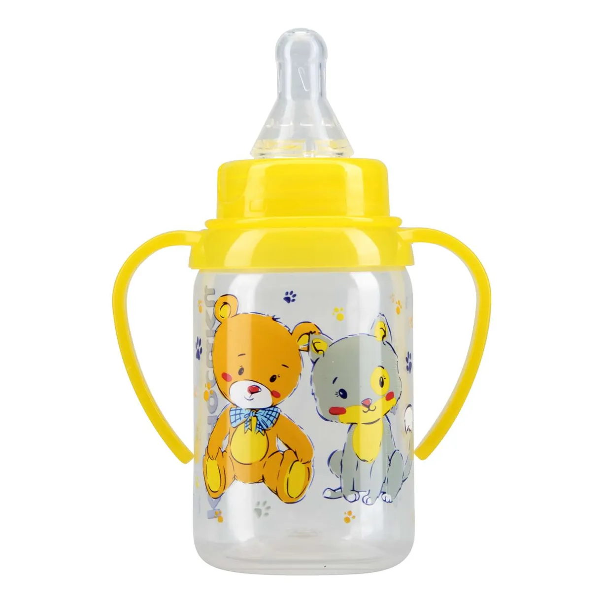Бутылочка детская Курносики с ручками крышкой и силиконовой соской хедер желтая 125 мл