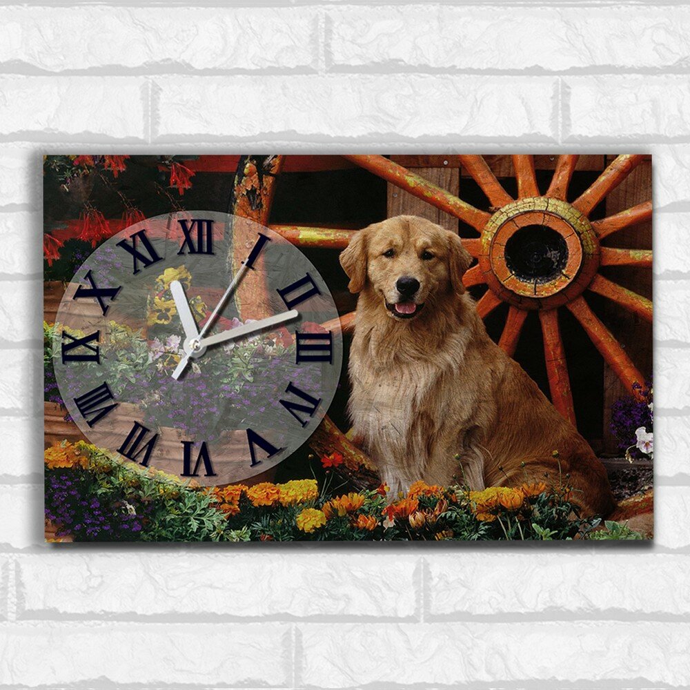 Настенные бесшумные часы ОСБ со смещенным циферблатом Животные Щенок ( Собака, цветы, Ретрвивер, милота, Подарок для мамы, бабушки сестры, подруге) - 2530