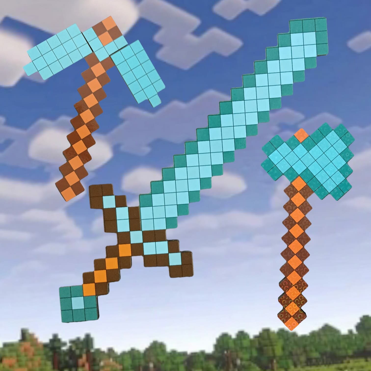 Игрушечное оружие / Набор пиксельный / Голубой меч / кирка /топор