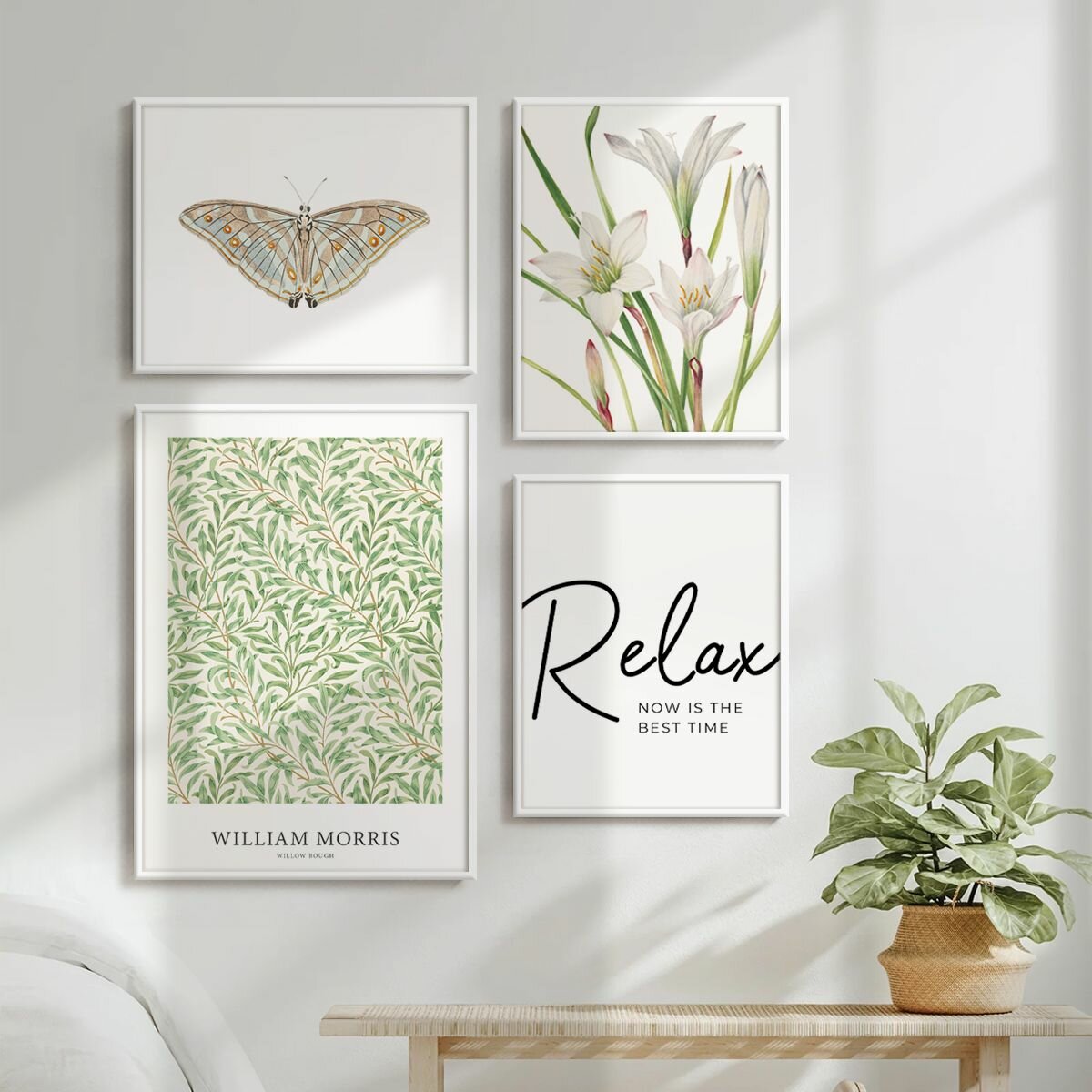 Постер 4 шт без рамки "Зеленые ветки ивы" набор картин для интерьера