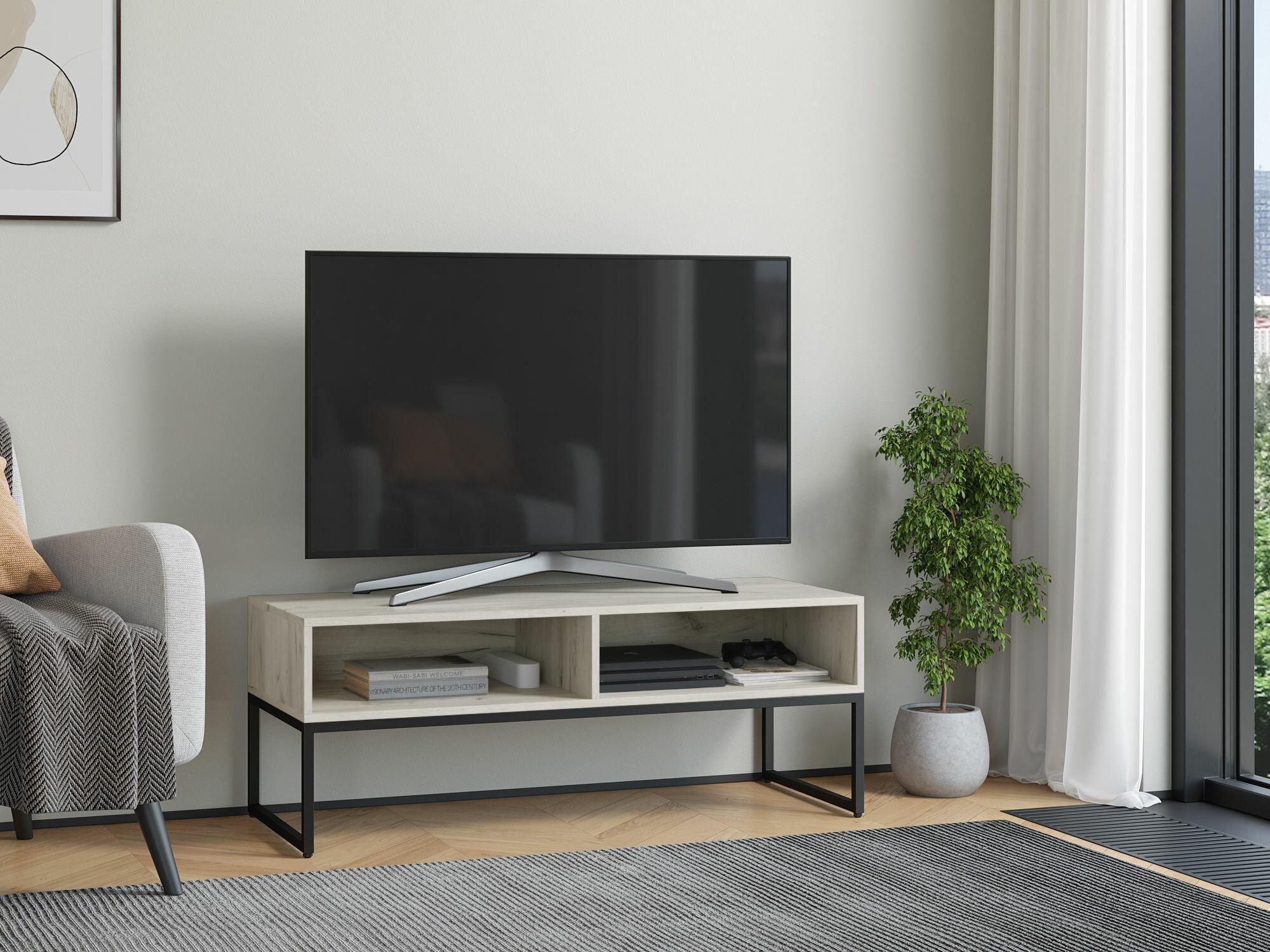 Тумба под ТВ Айсберг Лофт 120 открытая Черный/дуб крафт белый