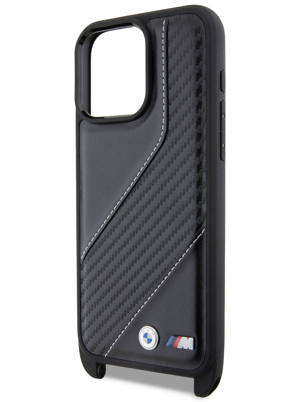 BMW для iPhone 15 Pro чехол Crossbody PU Carbon stripe Metal logo + Strap Hard Black