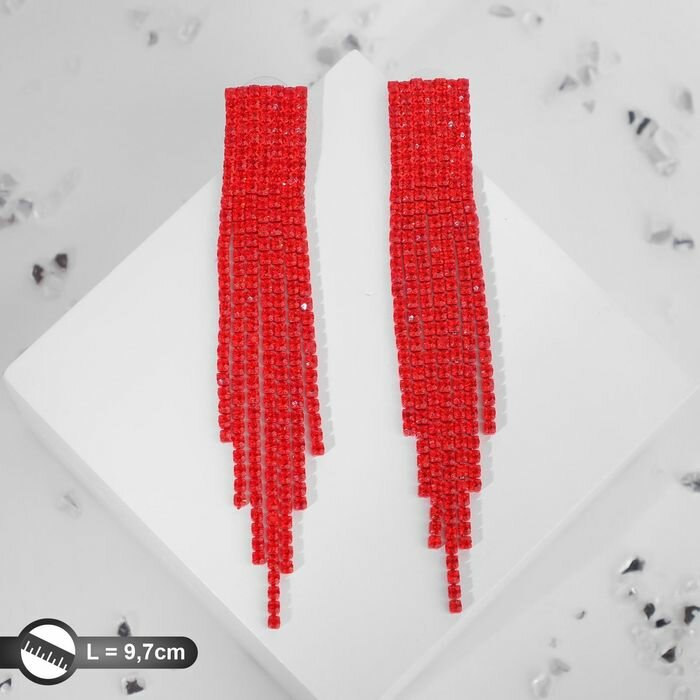 Серьги висячие со стразами Маскарад ступенька, цвет красный, 9,7см