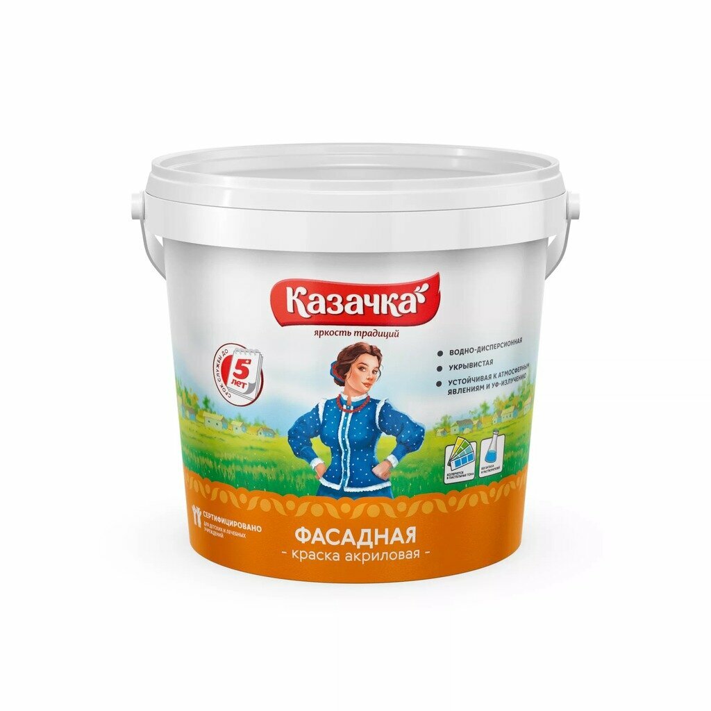 Краска воднодисперсионная, Казачка, F-20, акриловая, фасадная, матовая, 1.4 кг