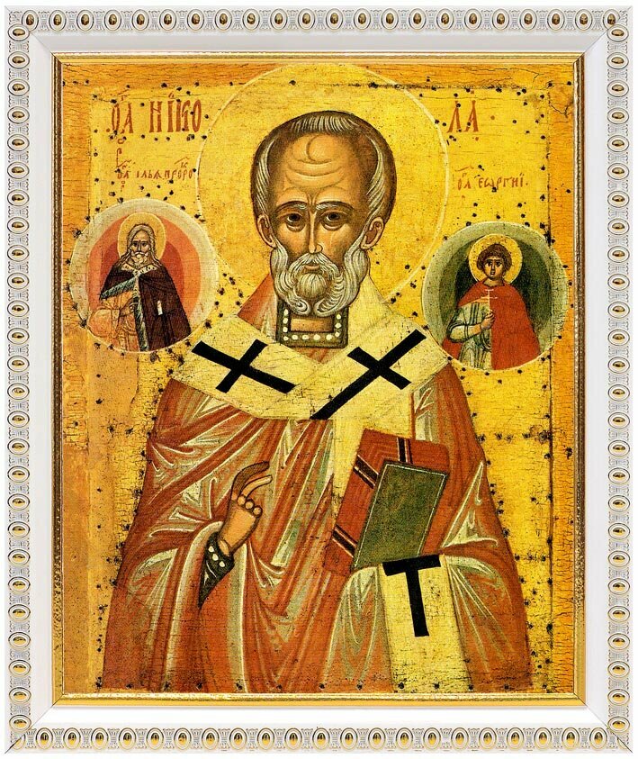 Николай Чудотворец с Илией Пророком и Георгием Победоносцем, XV - XVI вв, икона в белой пластиковой рамке 17,5*20,5 см