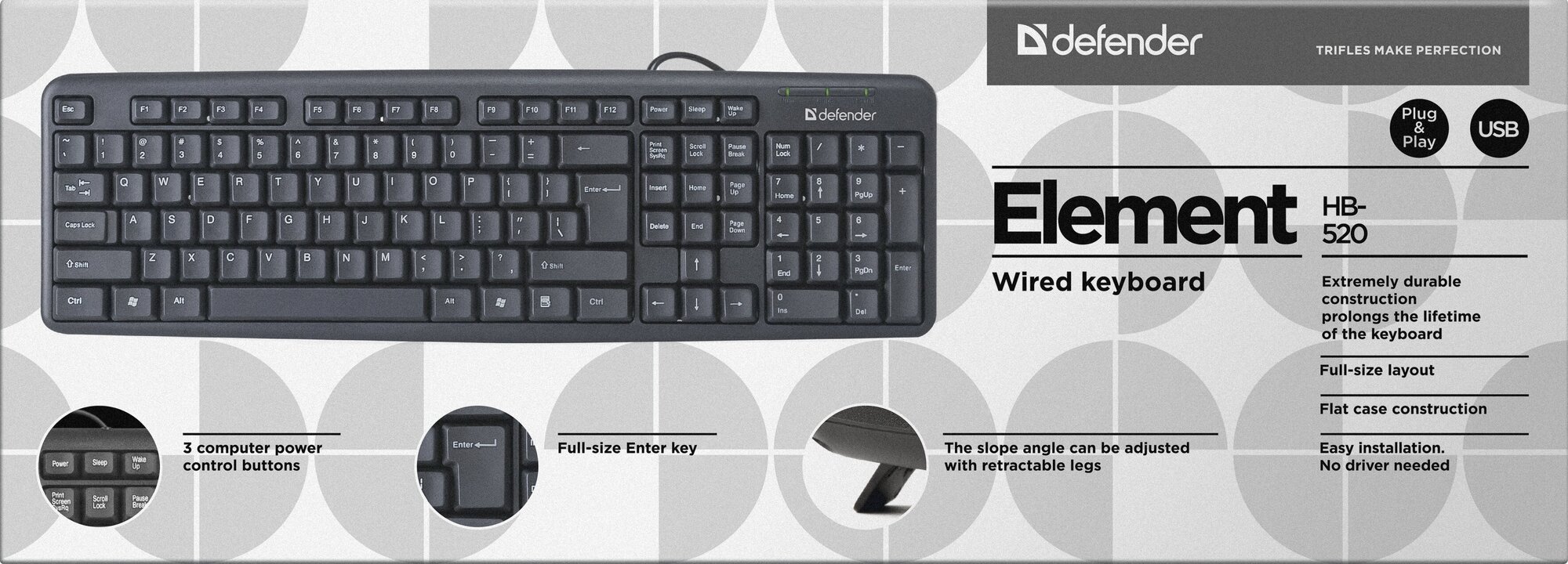 Клавиатура проводная DEFENDER Element HB-520, USB, RU/KZ, черный, полноразмерная