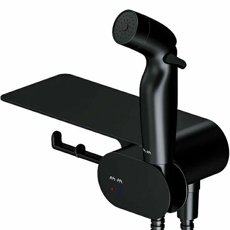 Смеситель с гигиеническим душем Am.Pm Like F0202622 с полкой и держателем для туалетной бумаги, черный матовый