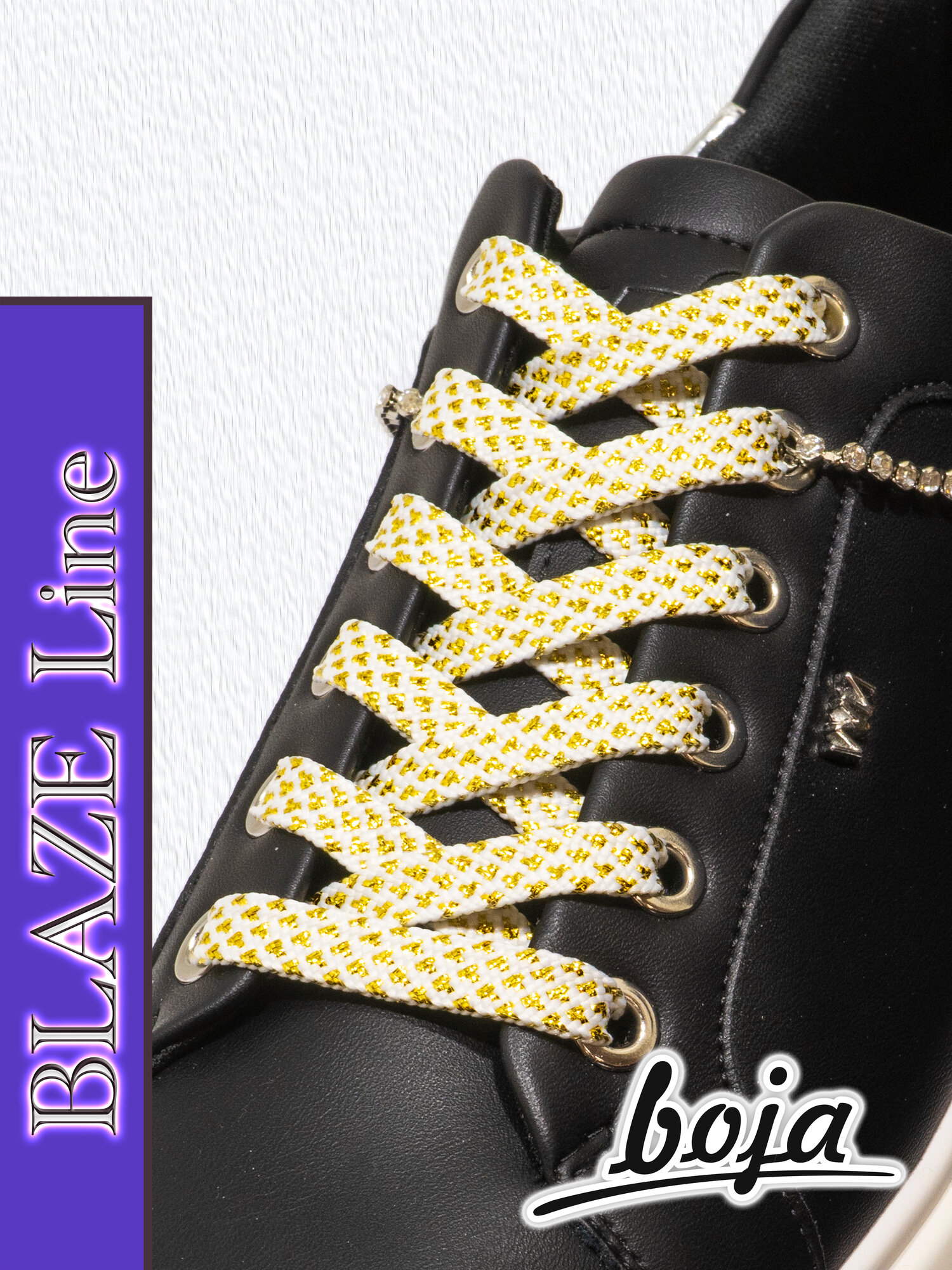 Шнурки для обуви BOJA (BLAZE Line), плоские, белые золотые, 120 см, для кроссовок; ботинок; кед; бутсов; сапог, НЕ эластичные; НЕ резиновые; НЕ силиконовые; без фиксаторов
