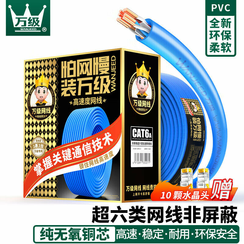OFNPFTTH Stable Connection Acceleration Oxygen-Free Pure Copper Core Unshielded Cat6A Class Ten Gigabit Network Cable 30 Meters Blue Full Box Engineering Home Decoration Family Embedded