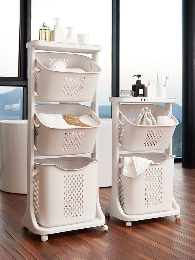 Многоуровневая корзина для белья на колесах, большая емкость, двойной отсек, идеальное решение для хранения