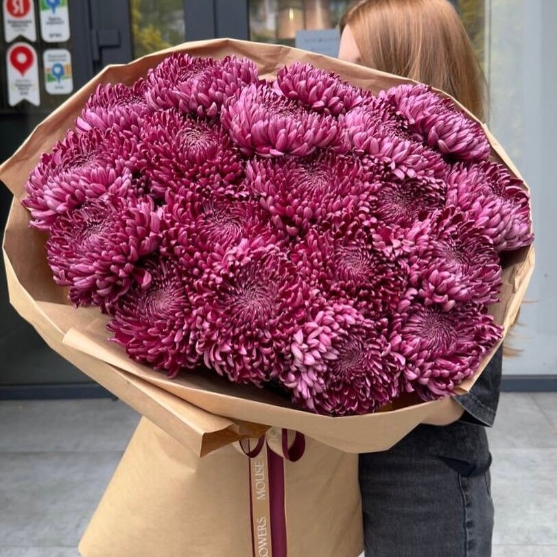 Букет из фиолетовых хризантем 19 шт, красивый букет цветов, шикарный, премиум цветы, премиум букет