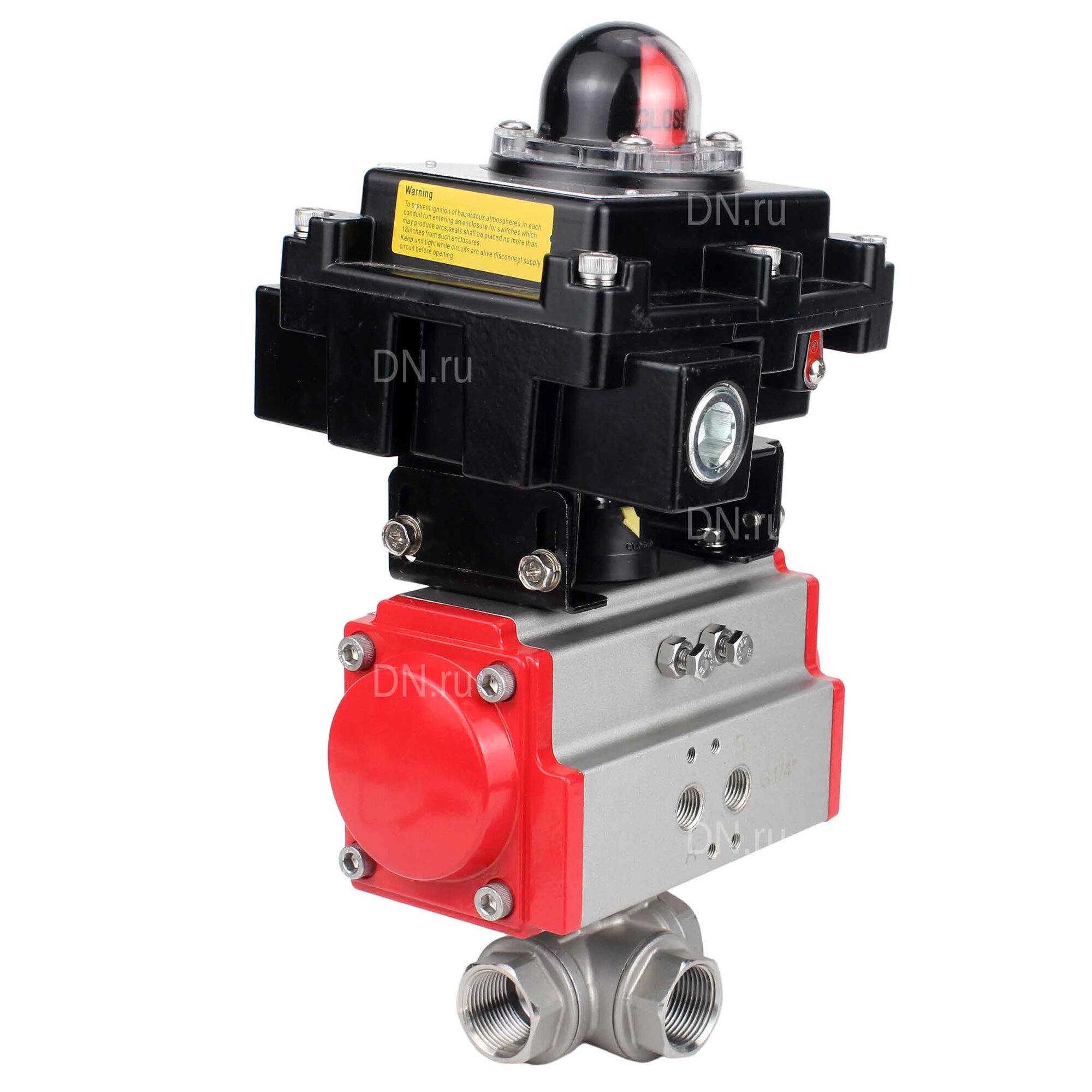 Кран шаровой DN.ru RP. SS316.200. MM.020-ISO Ду20 Ру63 стандартнопроходной трехходовой L-тип, нержавеющая сталь SS316, внутренняя резьба, уплотнение - PTFE, с пневмоприводом DA-052 и блоком концевых выключателей LSB-410-02ExM12-250