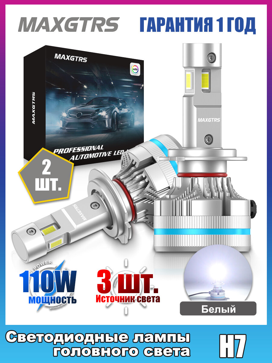 2шт H7 110 Вт, Трехстороннее свечение , 2*20000lm, LED светодиодные лампы для фар, 6000 К-6500 К белого цвета