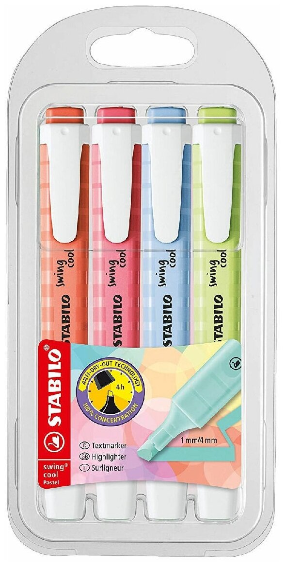 Маркер-текстовыделитель 4мм STABILO Swing Cool Pastel, 4 пастельных цвета