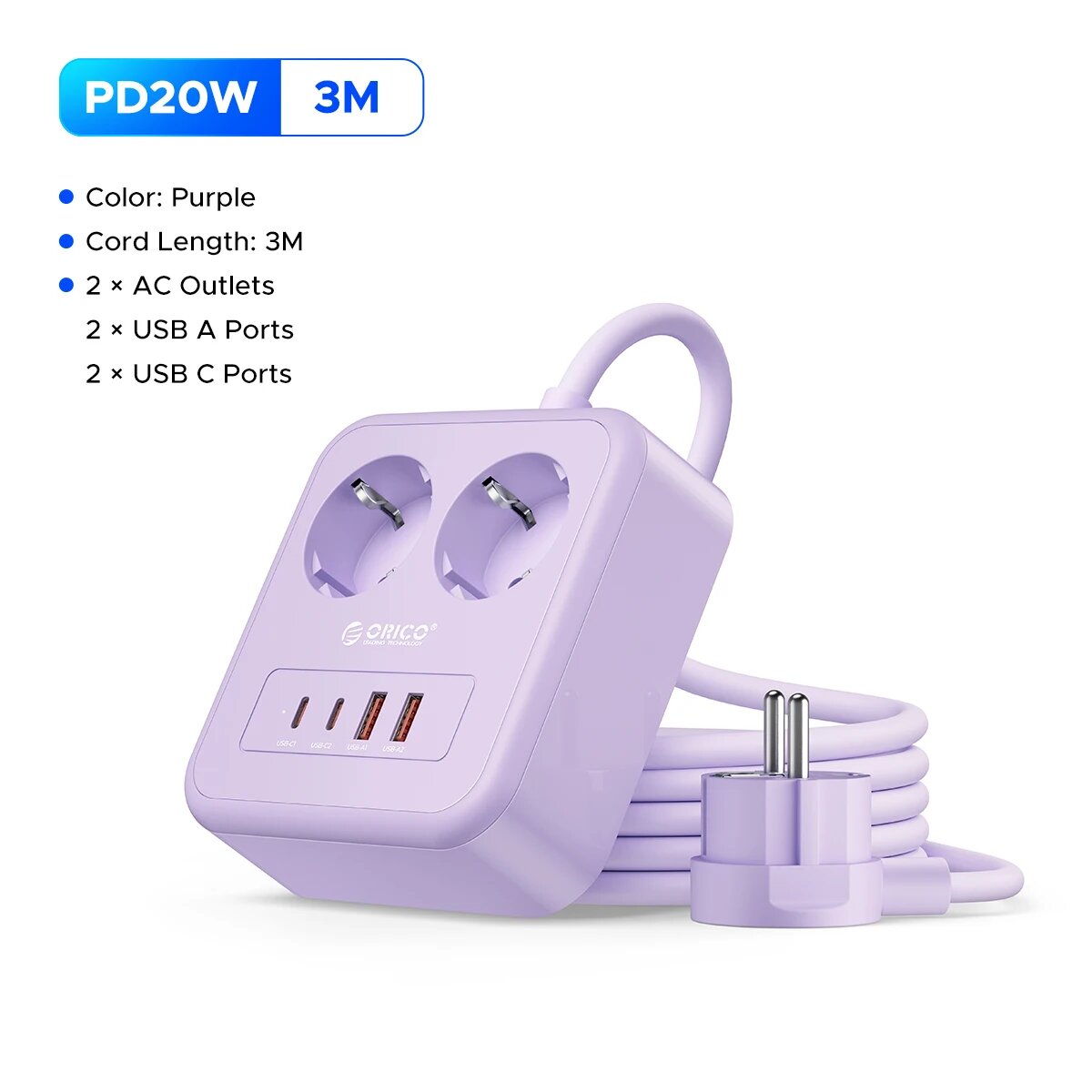 ORICO удлинитель 3M, фиолетовый, 2 AC, 2 USB-A, 2 USB-C