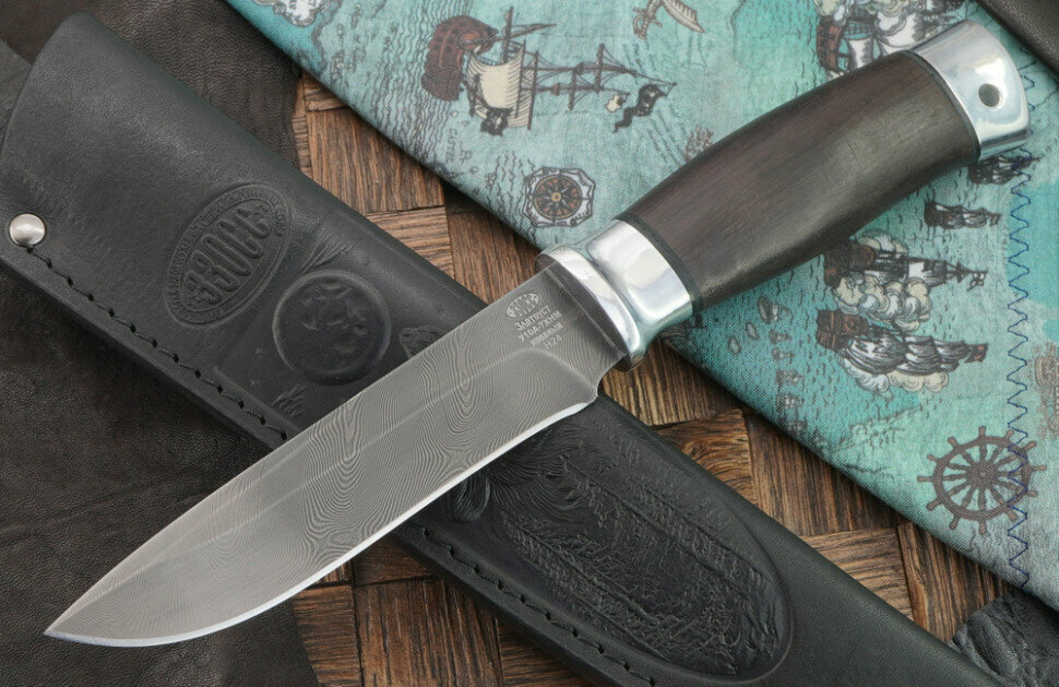 Туристический нож ззосс Н24, клинок дамаск (У10А-7ХНМ), рукоять дюраль, граб