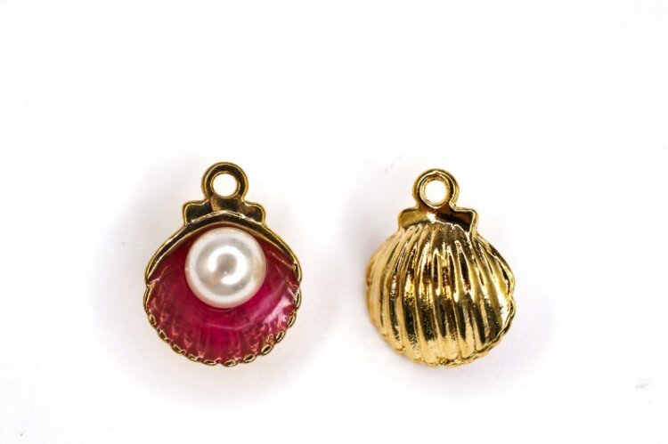 Подвеска Ракушка с жемчужиной (имитация) 15х11х8мм, отверстие 1,5мм, цвет античное золото/розовый, сплав металлов/эмаль, 22-133, 1шт