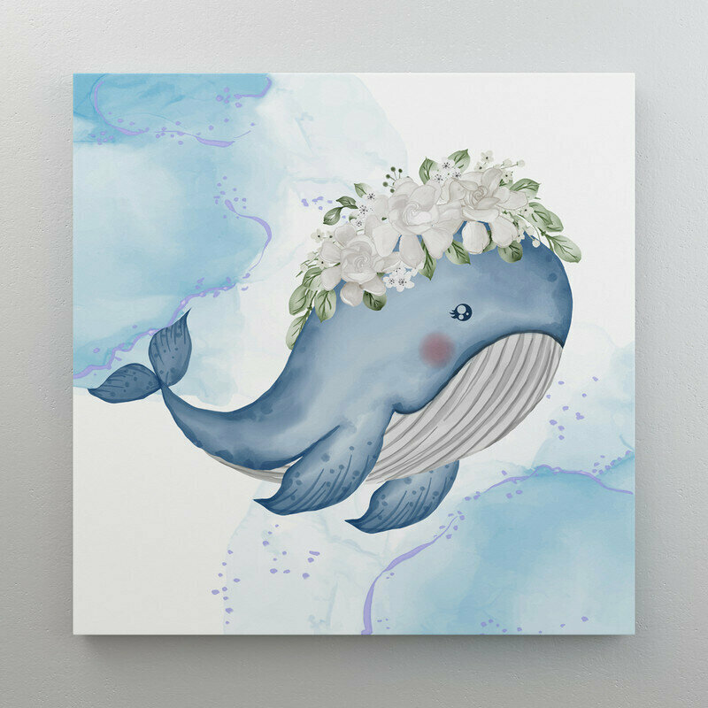 Интерьерная картина на холсте "Детский постер - кит с веночком из цветов" размер 45x45 см