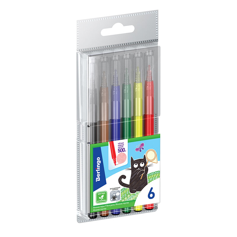 12 шт. Фломастеры Berlingo "Жил-был кот", 06цв, смываемые, блистер