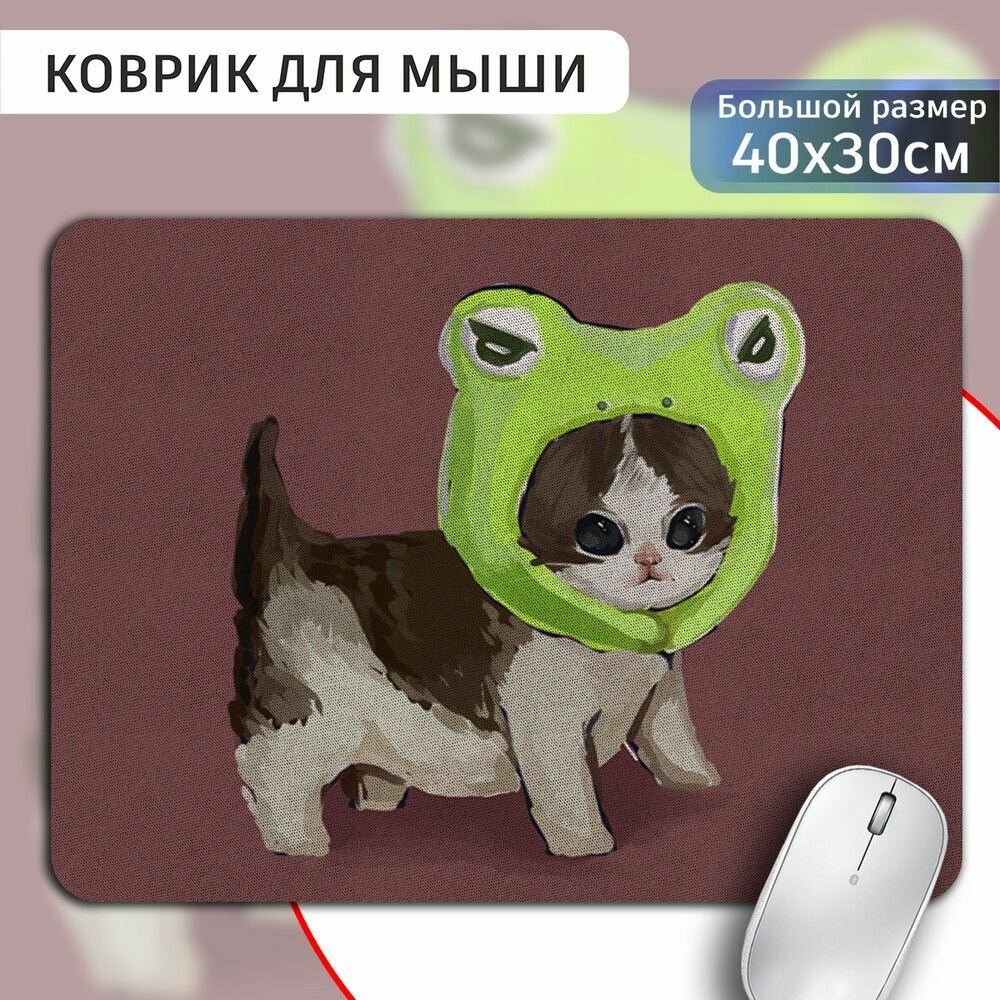 Коврик для мыши 30х40 с принтом кот в шапке лягушки милота (животные, мемы) - 1512