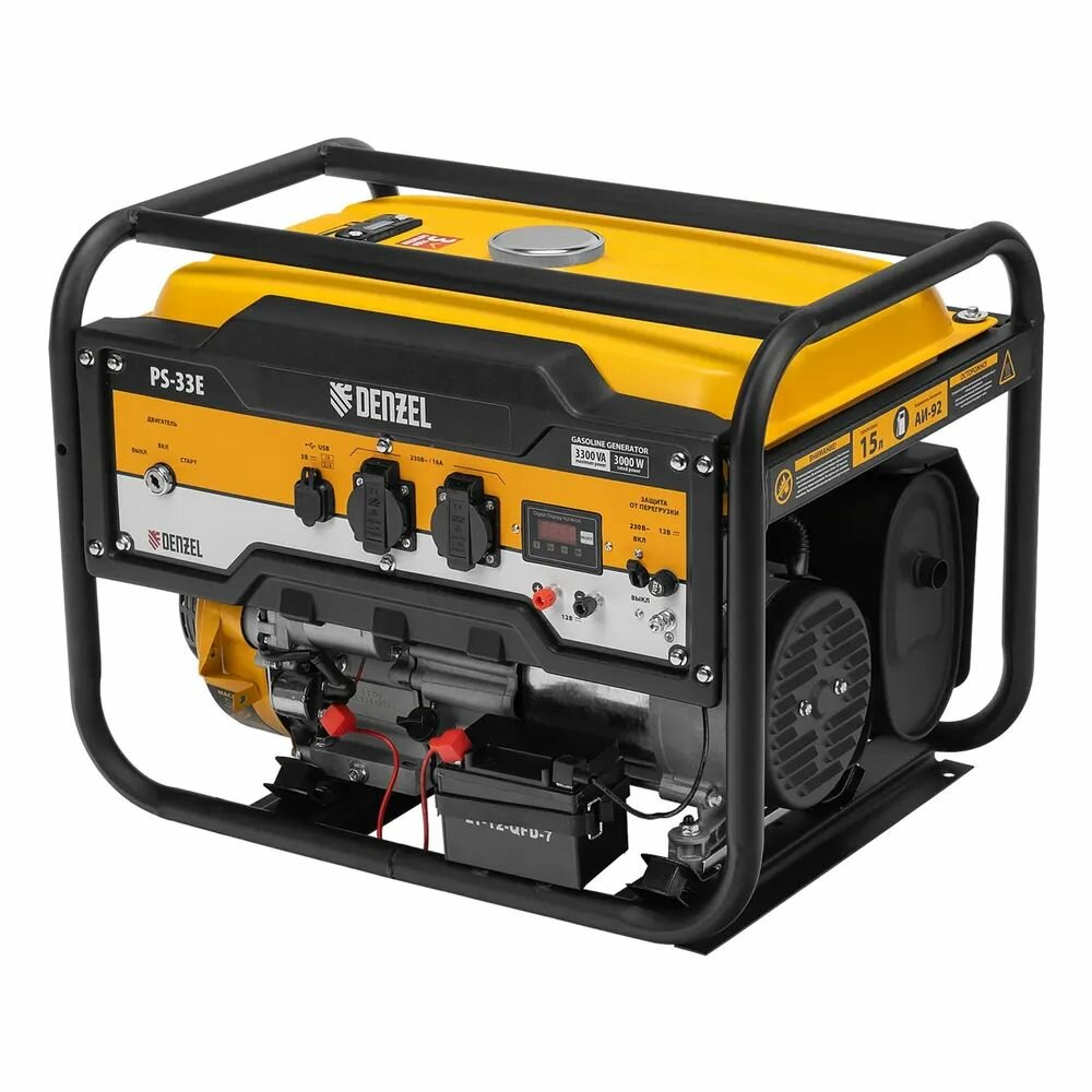 Генератор бензиновый PS-33E, 3.3 кВт, 230В, 15 л, электростартер Denzel 94537