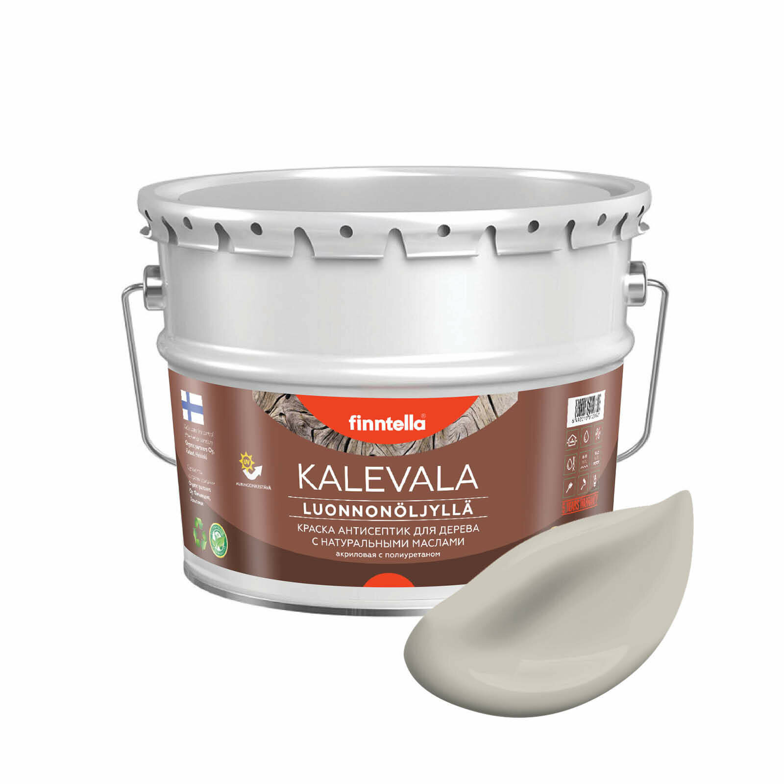 Краска для дерева и деревянных фасадов FINNTELLA KALEVALA, с натуральным маслом и полиуретаном, цвет SANSA (серо-бежевый) , 9л