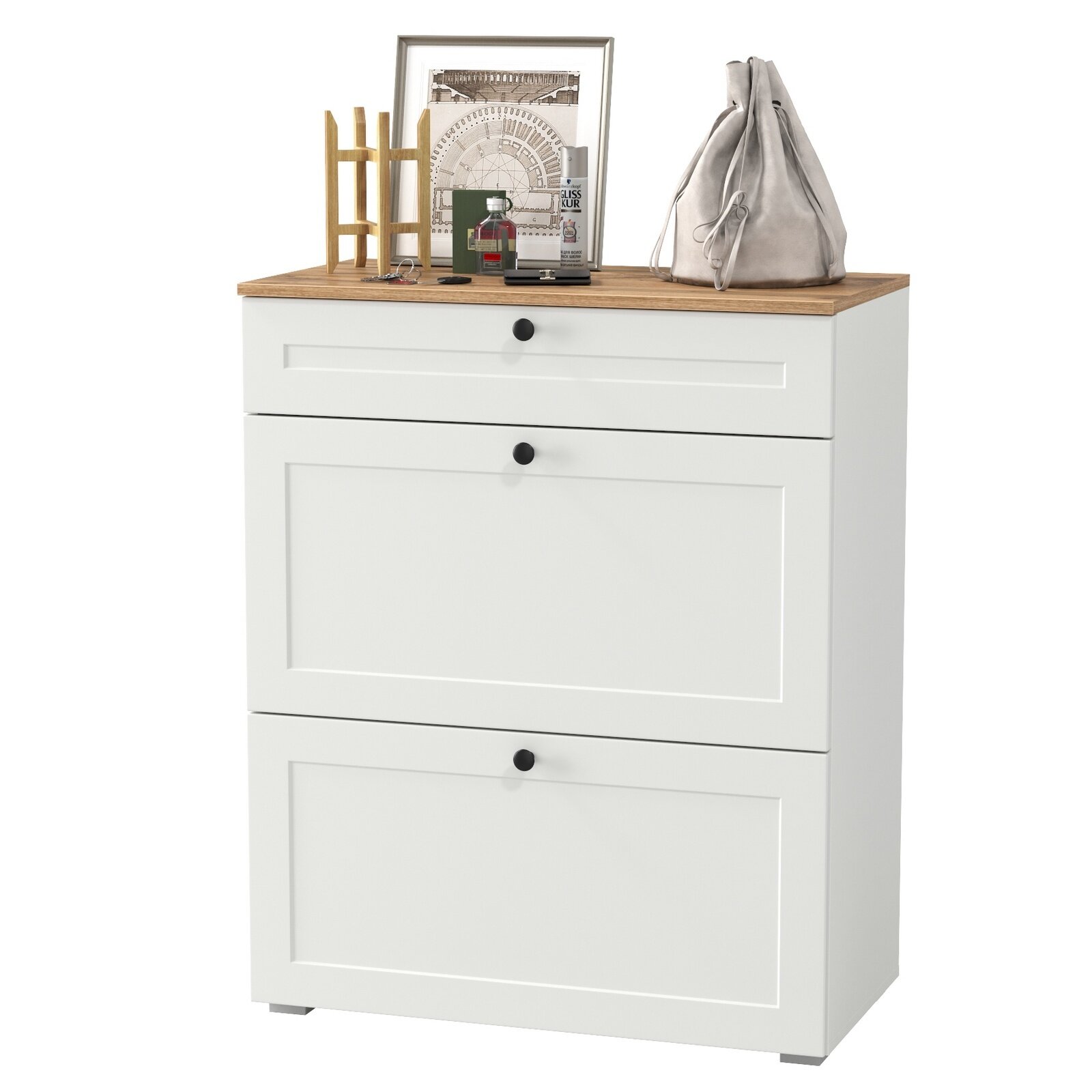 Обувница в прихожую закрытая Mobi Остин 16.121, цвет белый шагрень/дуб крафт золотой