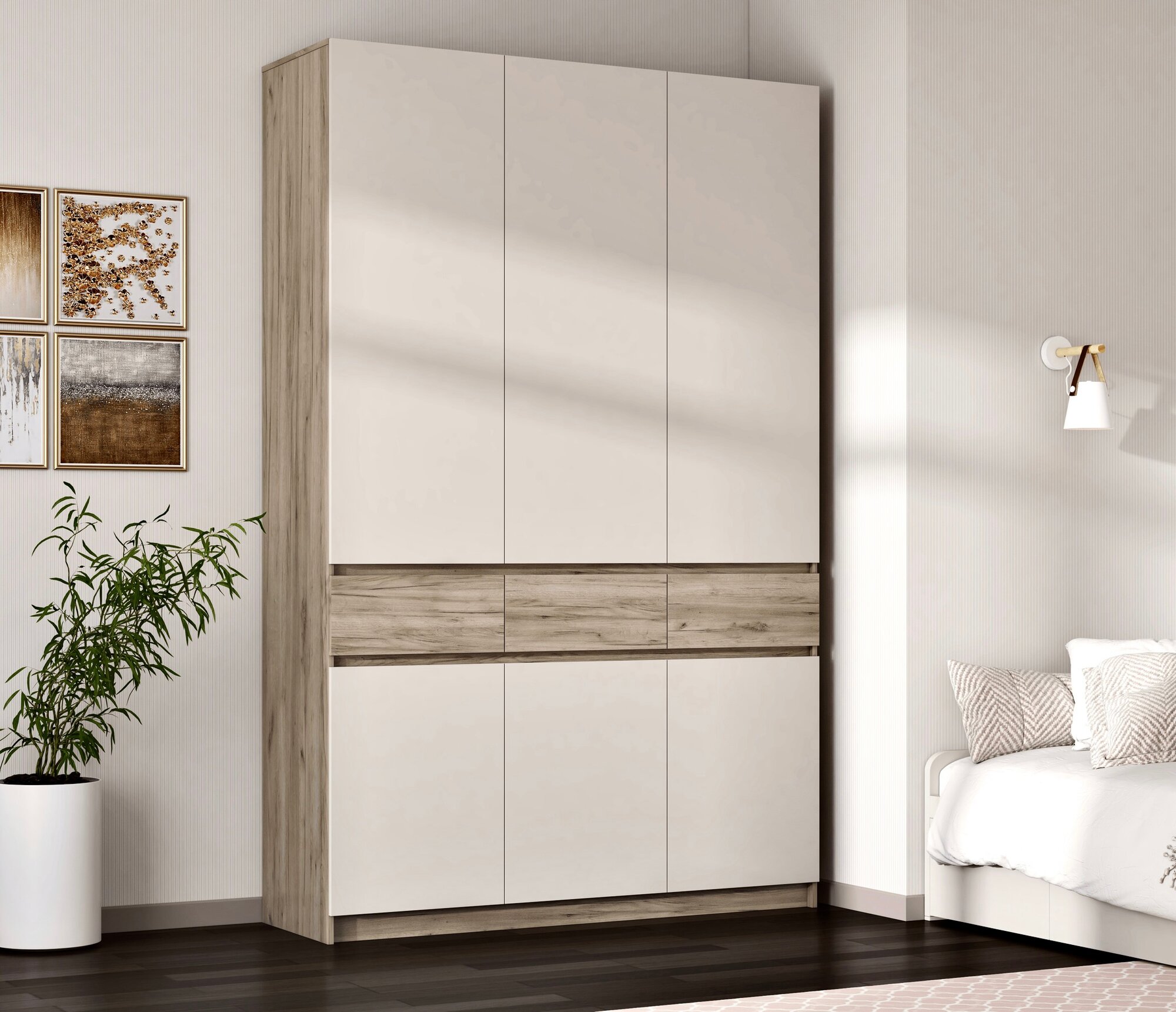 Шкаф 3х створчатый с ящиком Бостон. ЛДСП Дуб Крафт серый/Кашемир