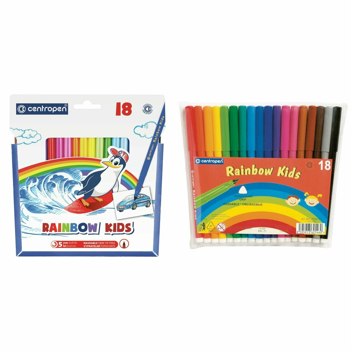 3 шт. Фломастеры Centropen "Rainbow Kids", 18цв, трехгранные, смываемые, ПВХ