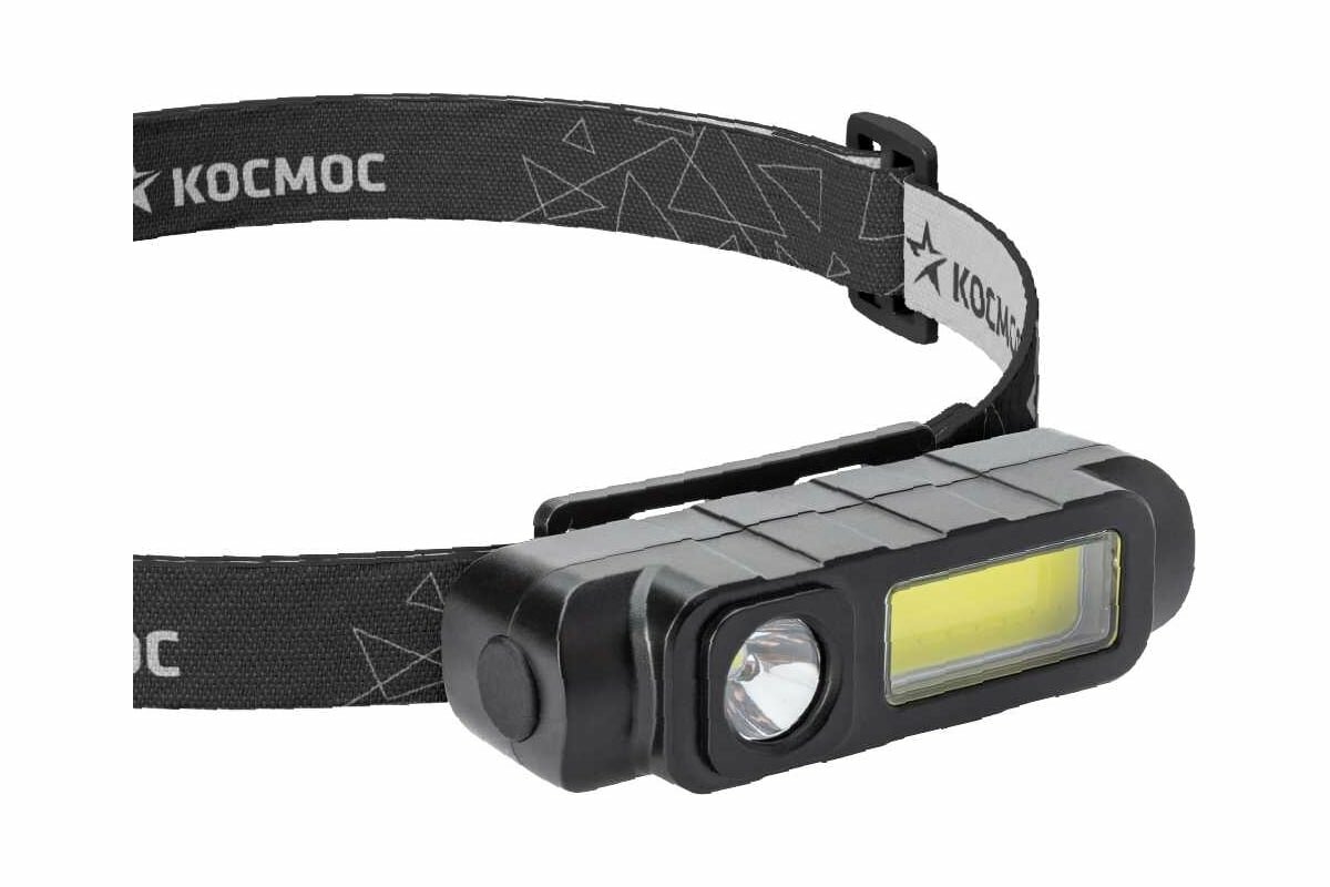 Налобный фонарь космос 1Вт LED + 3Вт COB LED с Li‑ion аккумулятором 18650 800 мАч, ABS‑пластик, черный цвет, USB‑зарядка, 4 режима работы, IP54 защита от влаги, дальность 35 м.