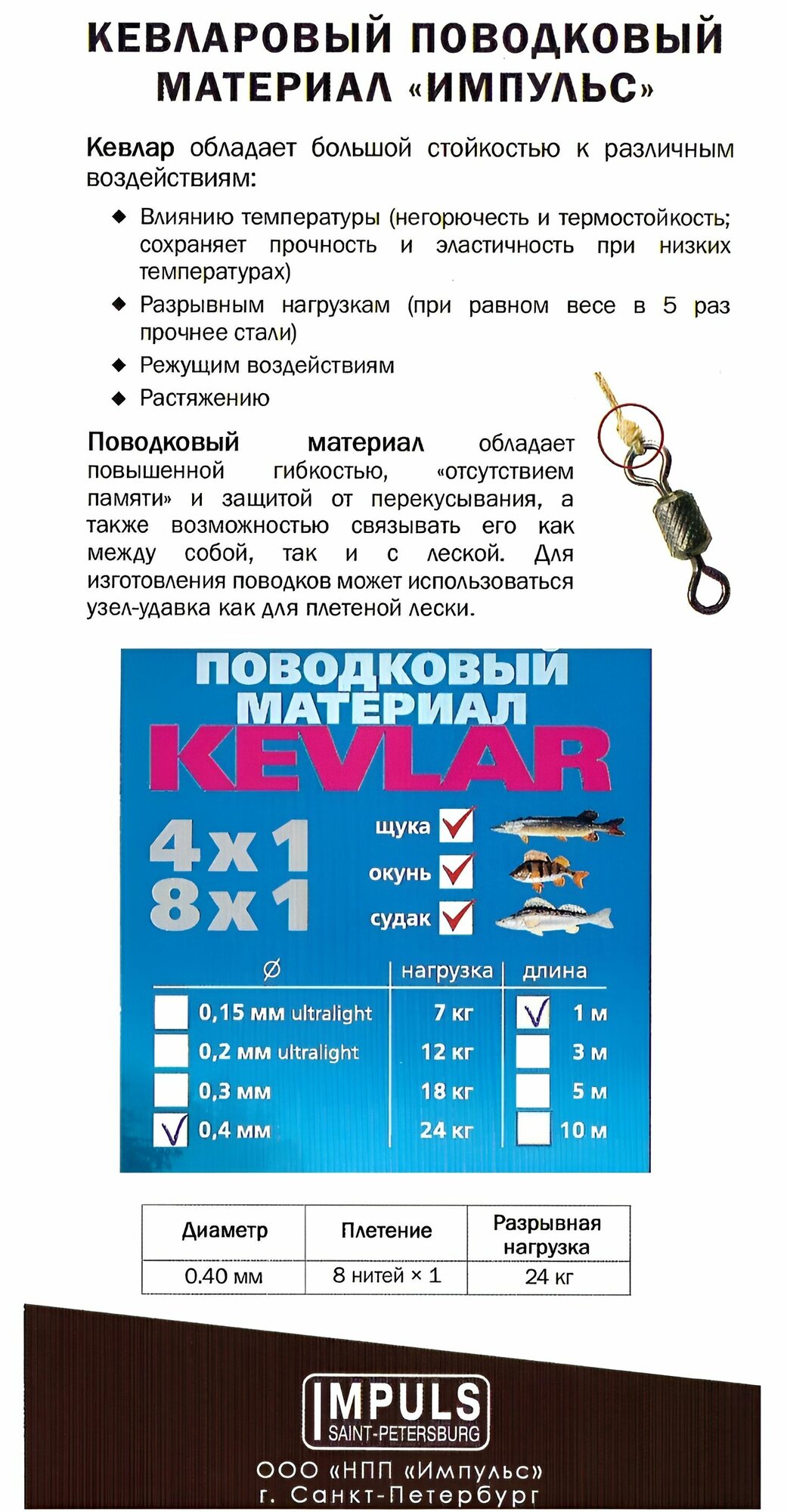 Кевларовый поводковый материал IMPULS 0,4 мм длина 1 м