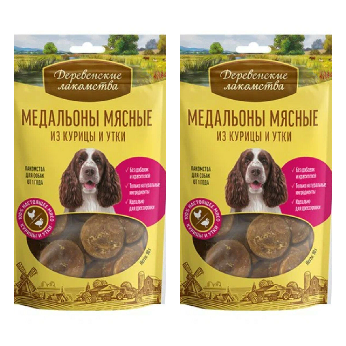 Медальоны мясные для собак Деревенские лакомства из курицы и утки, 90 гр, 2 шт.