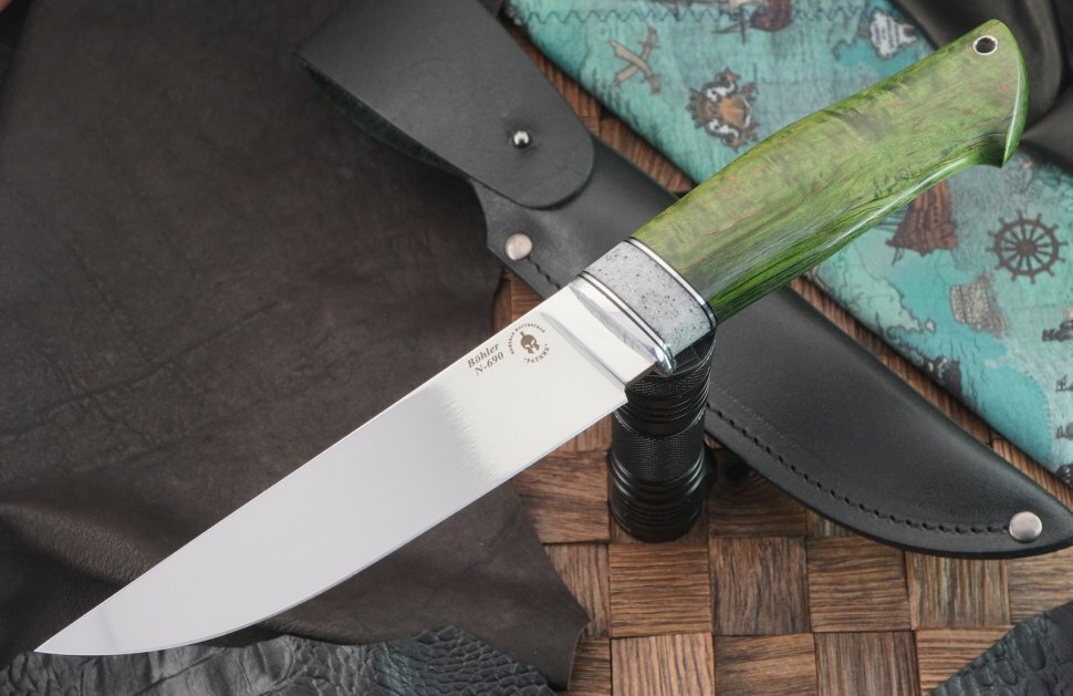 Нож Ратник Н-01, сталь Bohler N690, рукоять стабилизированная карельская береза, серый камень