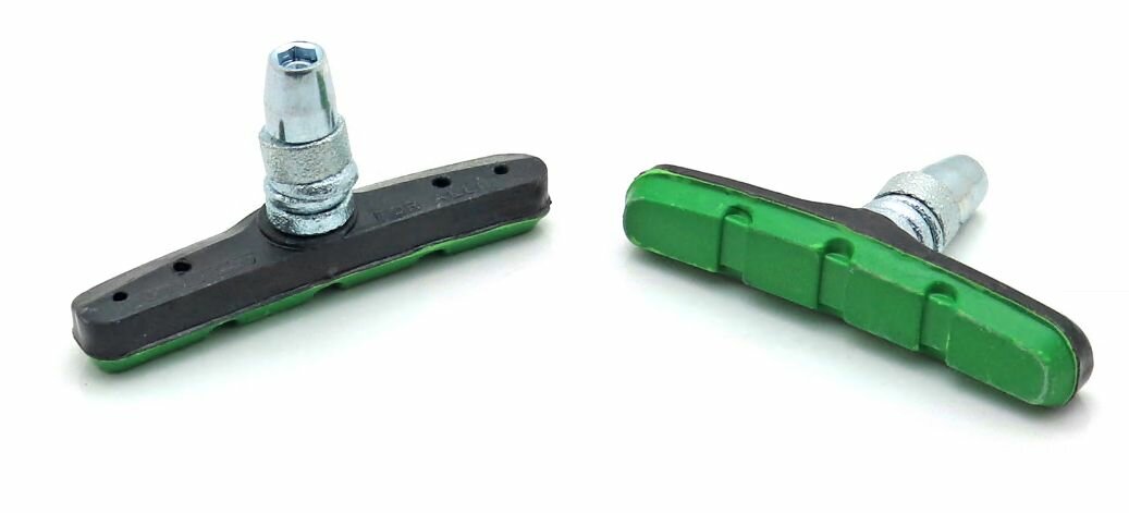 Колодки тормозные вело V-brake резьбовые L70мм (пара), зелено-черные