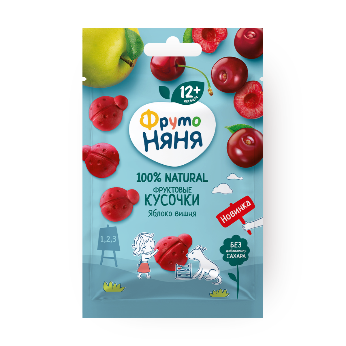 Фруктовые кусочки ФрутоНяня "Божья коровка", яблоко-вишня, без сахара, с 12 мес, 15 г