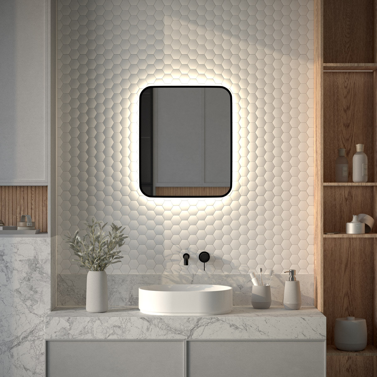 Зеркало с окантовкой и LED-подсветкой настенное AURA DEFESTO 50x60 см (Без выключателя), для гостиной, прихожей, спальни, кабинета и ванной комнаты, DF 2963