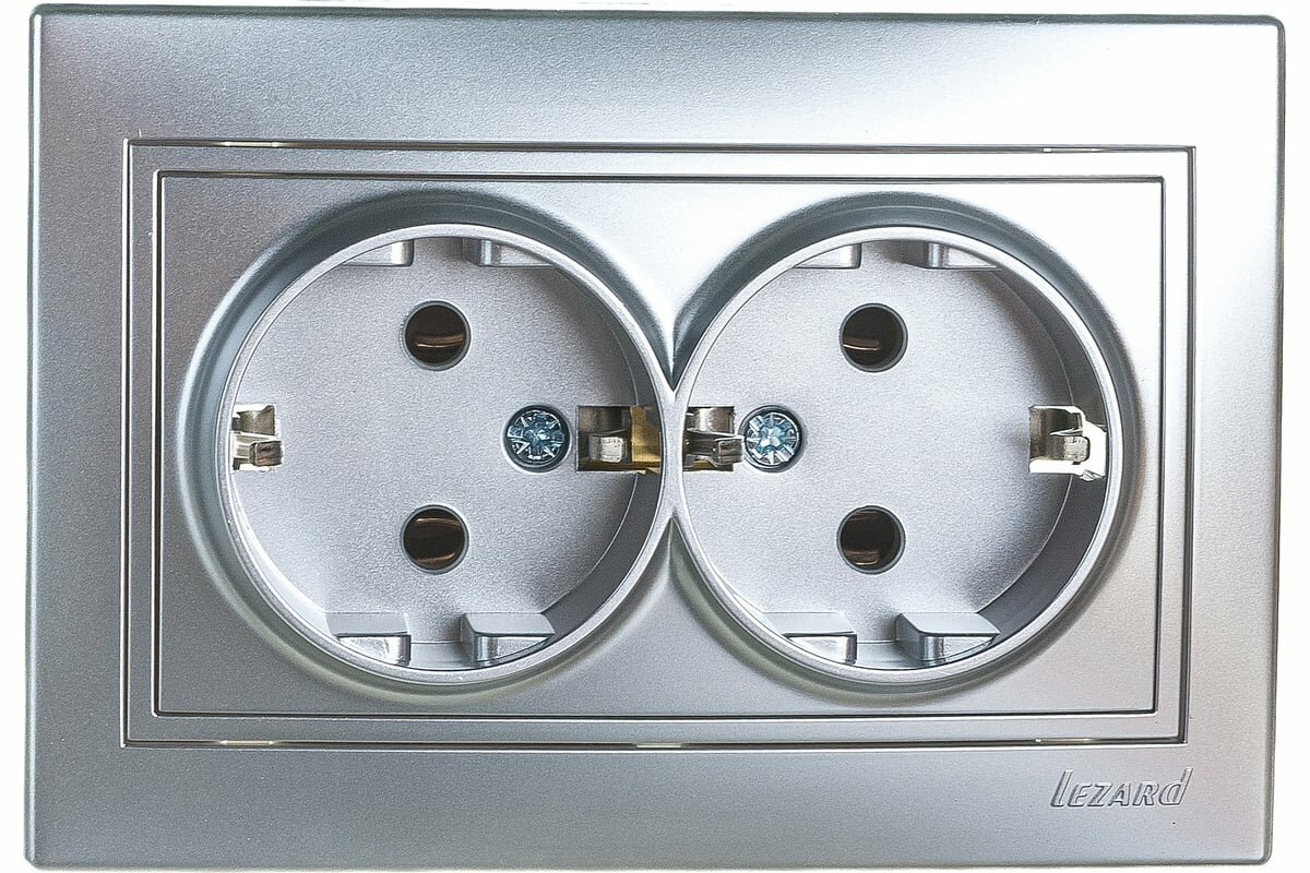 Lezard MIRA Двойная розетка со вставкой и заземлением керамика метал серый 701-1010-127