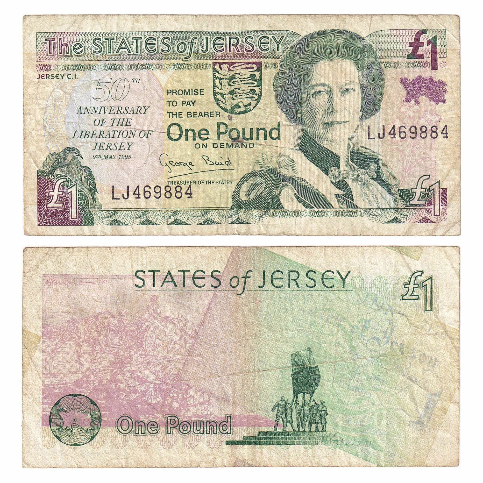 Банкнота Джерси 1 фунт ONE POUND 1995 Very Good (VG) Pick 25 / Юбилейная