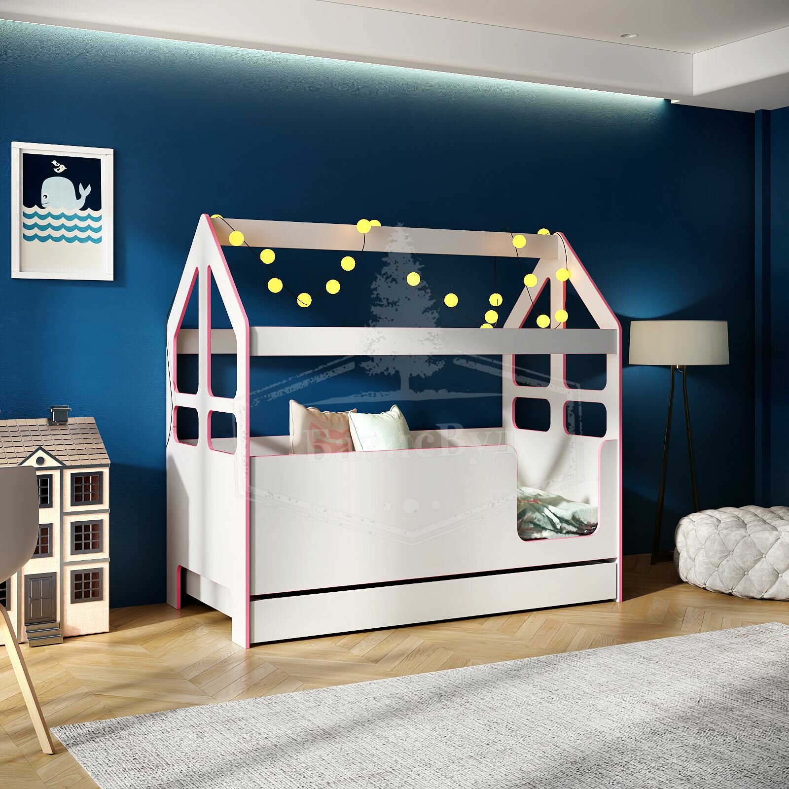 Кровать-домик детская спит САМ с ящиком, с бортиком под матрас 160х80, БазисВуд, цвет розовый, вход универсальный