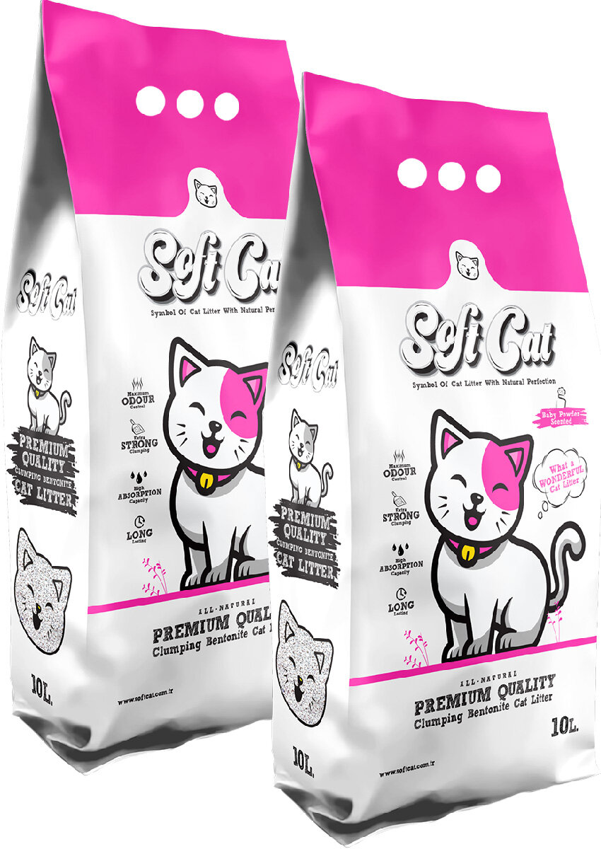 SOFT CAT BABY POWDER наполнитель комкующийся для туалета кошек с ароматом детской присыпки (10 + 10 л)
