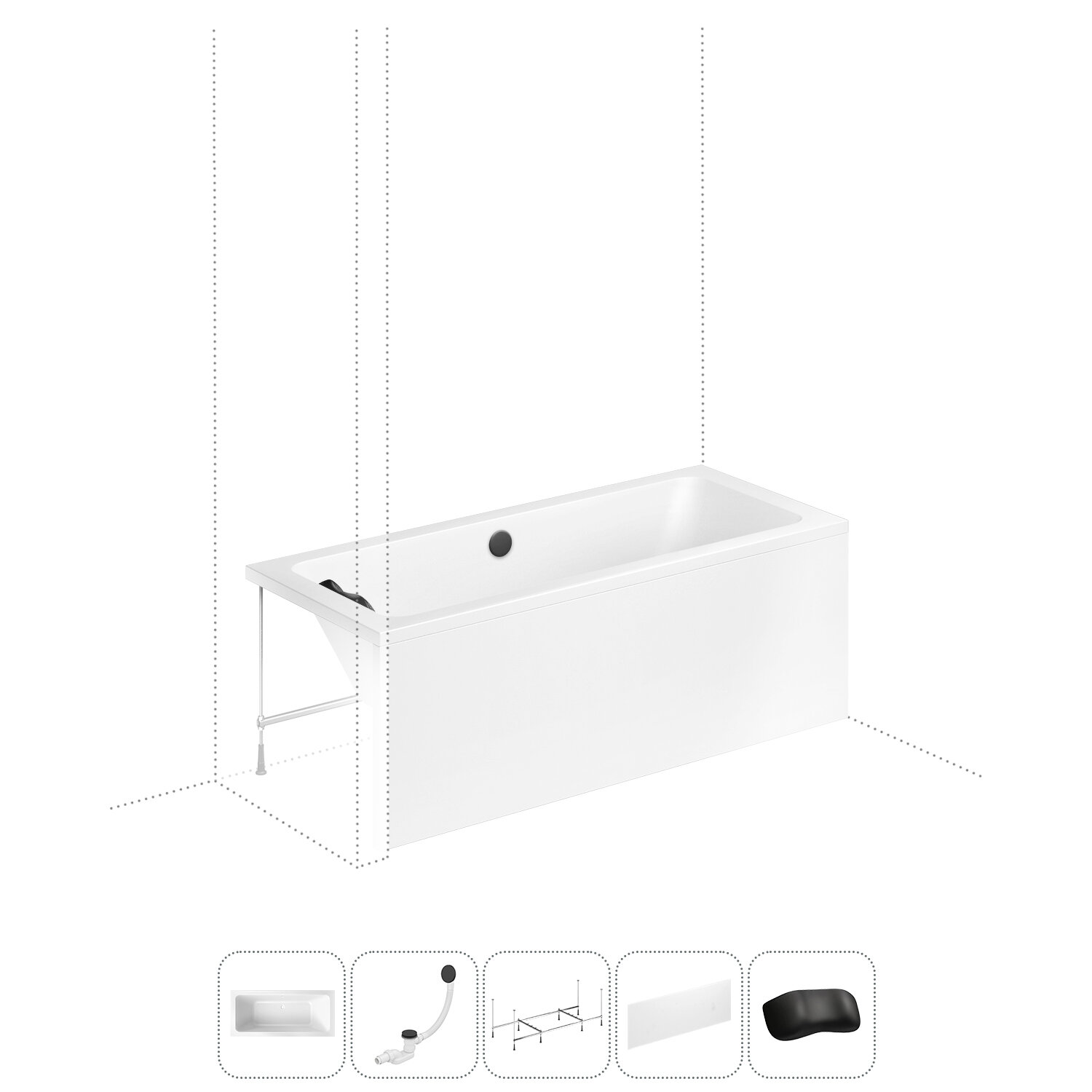 Акриловая ванна 180x80 с каркасом и экраном Lavinia Boho Pure 202011721 в наборе 5 в 1: прямоугольная ванна 180 x 80 см, слив-перелив, каркас, экран, подголовник