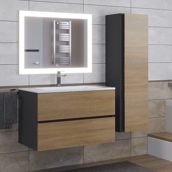 Тумба с раковиной Uperwood для ванной подвесная Barsa-Next 80х45,2х58 см, черная/дуб сонома