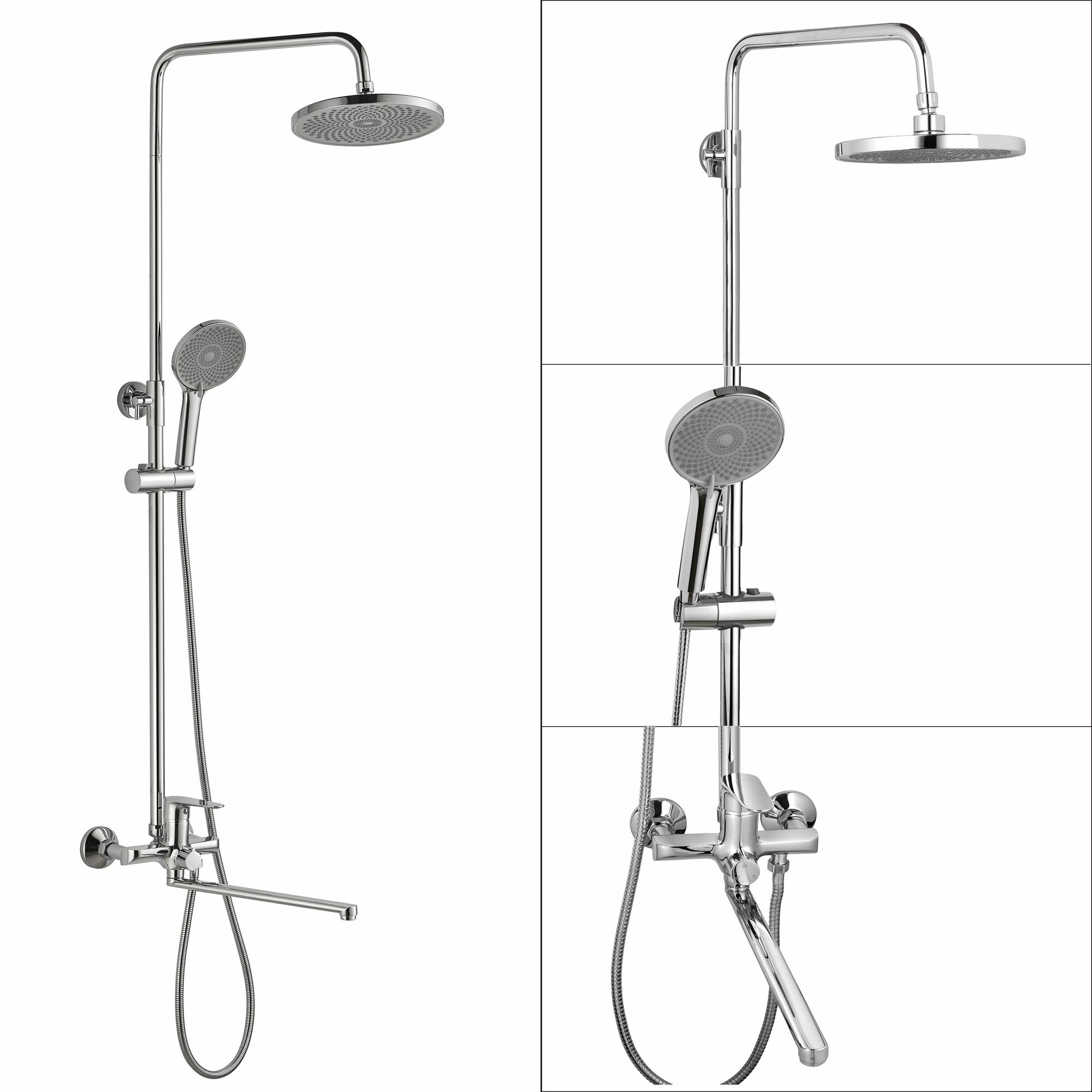 Душевая система со смесителем тропическим душем, длинный поворотный гусак, хром