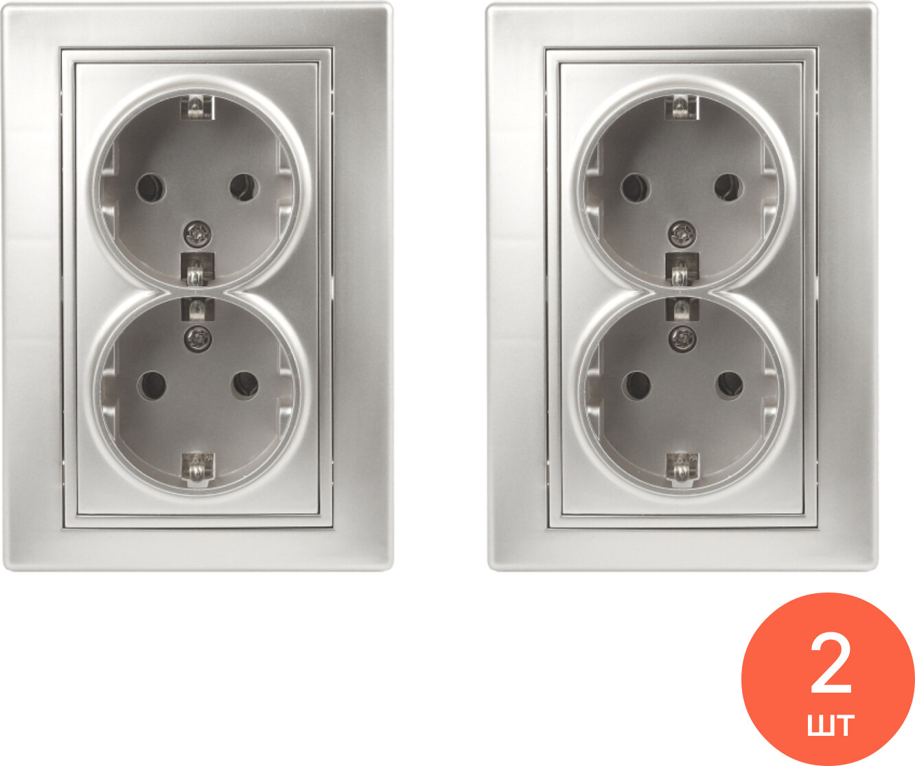 Розетка силовая штепсельная ЭРА Intro Plano 1-205-03, двойная 2X2P+E Schuko, 16А 250В IP20, алюминий, скрытой установки с заземлением, Б0053917 (комплект из 2 шт)