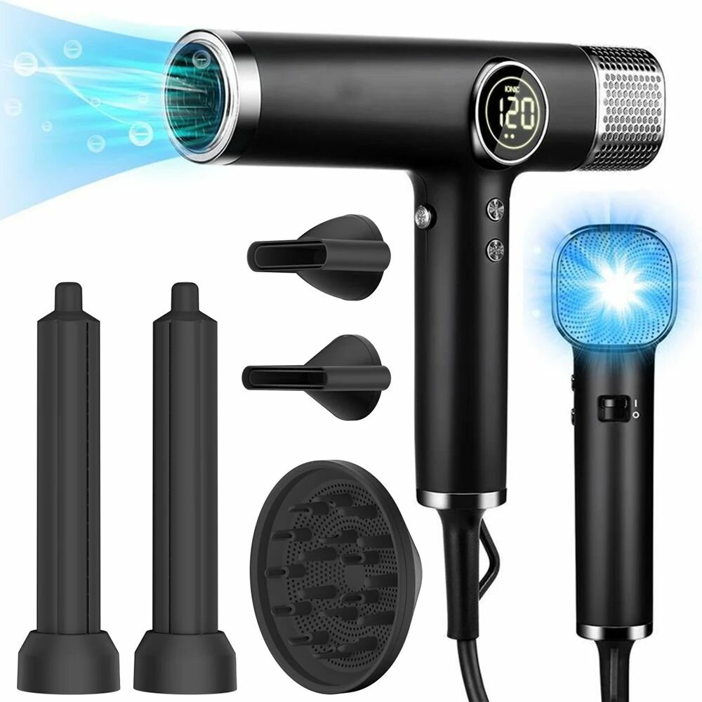 Фен для волос 1600 Вт, скоростей 3, кол-во насадок 5, черный