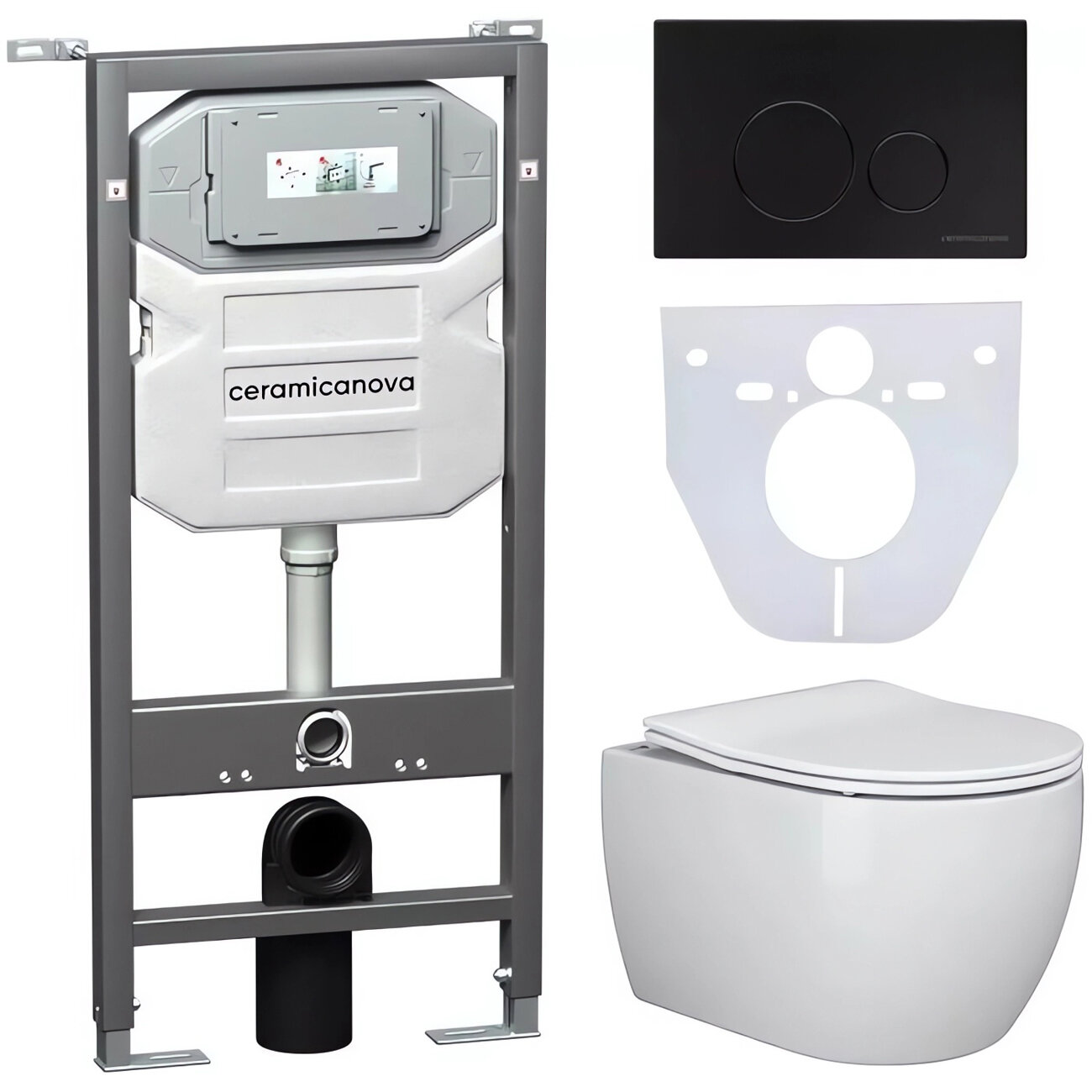 Комплект инсталляции 4 в 1 Ceramicanova Подвесной унитаз PLAY Rimless арт. CN3001 + Шумоизоляционная панель для инсталляции арт. CN1000 + Система инсталляции для унитазов CERAMICANOVA Envision с кнопкой смыва Round цвет черный матовый и креплениями, арт.