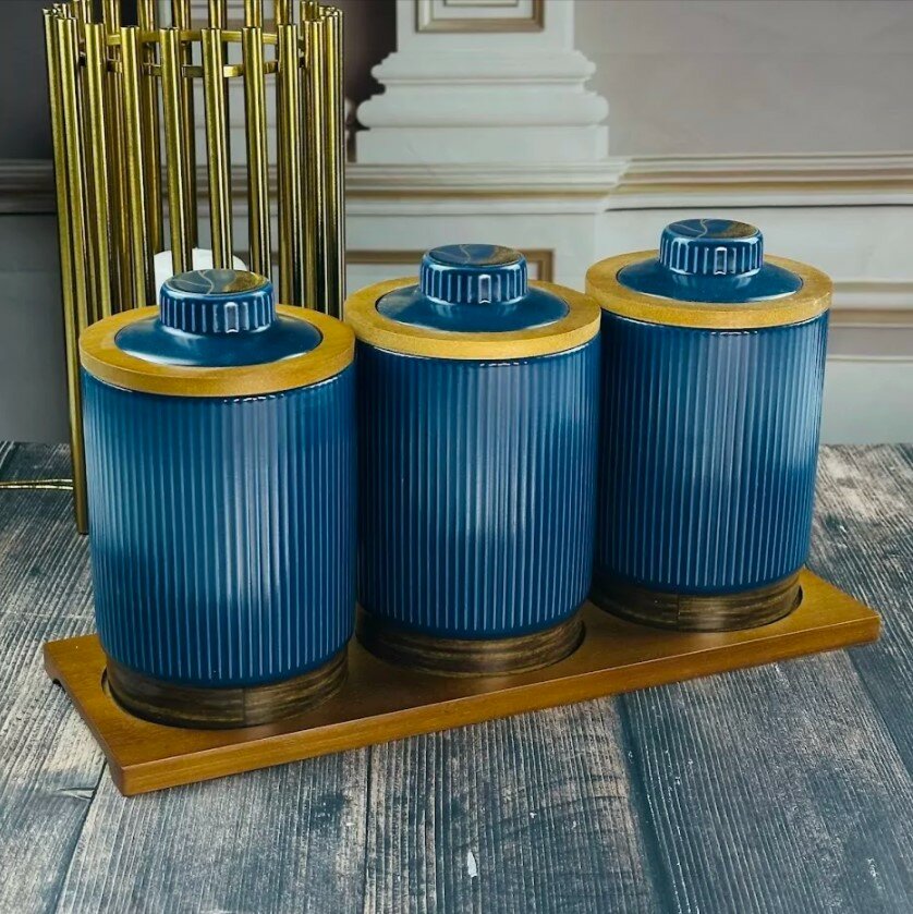 Набор из 3 банок для сыпучих продуктов на подставке WOOD Фарфор 133-394 118-133-394