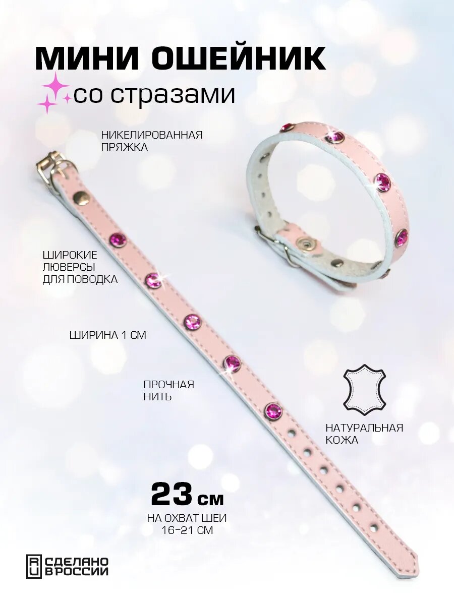 Ошейник кожаный со стразами для кошек, собак мелких пород и щенков
