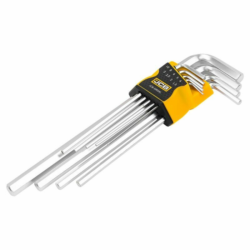 Ключи Г-образные 6-гранные экстра длинные, набор 9 предметов (1.5-6, 8, 10мм), JCB