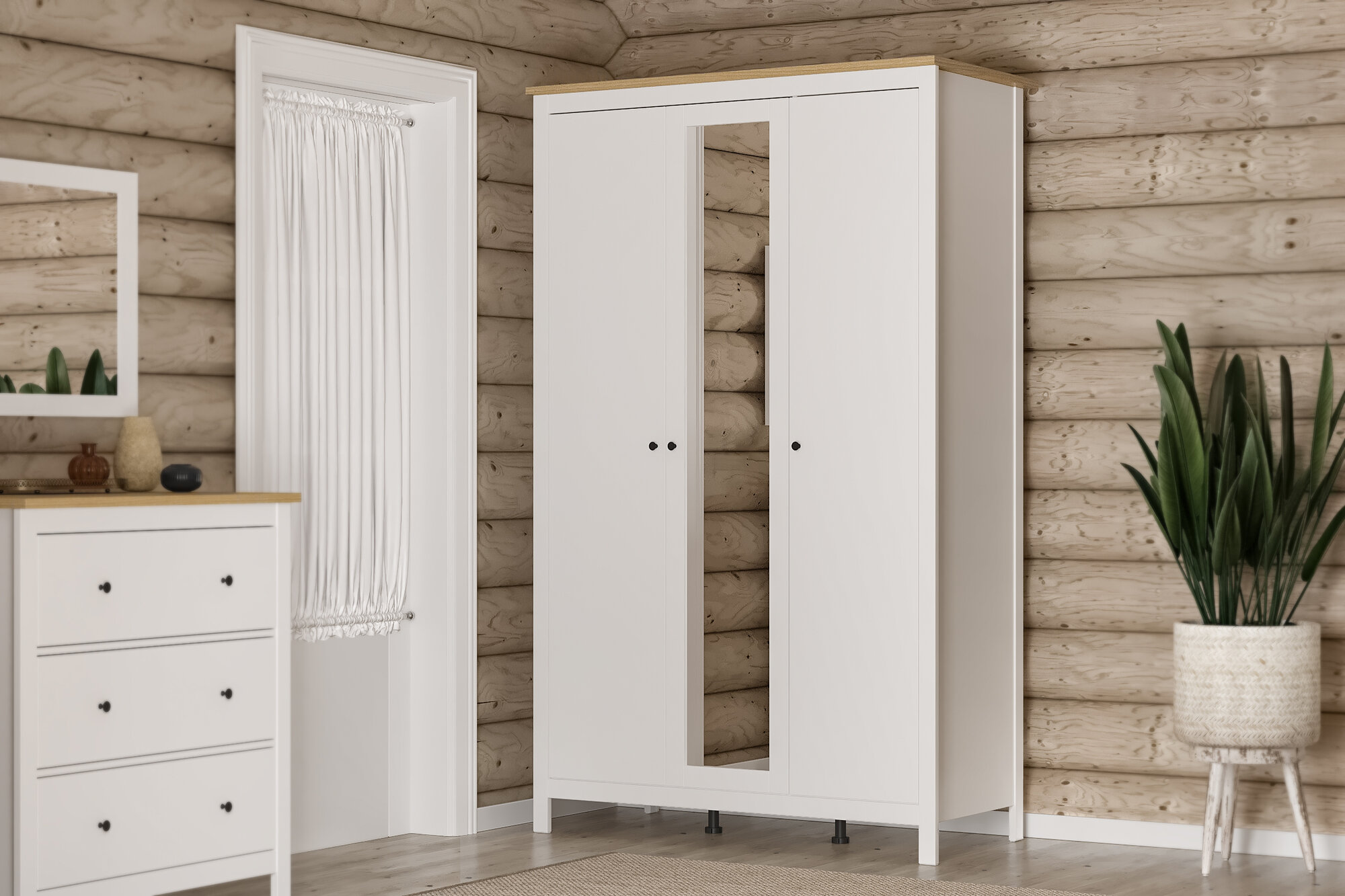 Шкаф ГУД лакк сага, 3 двери с зеркалом, 215.5 x 64.6 x 132 см, цвет: белый/ясень